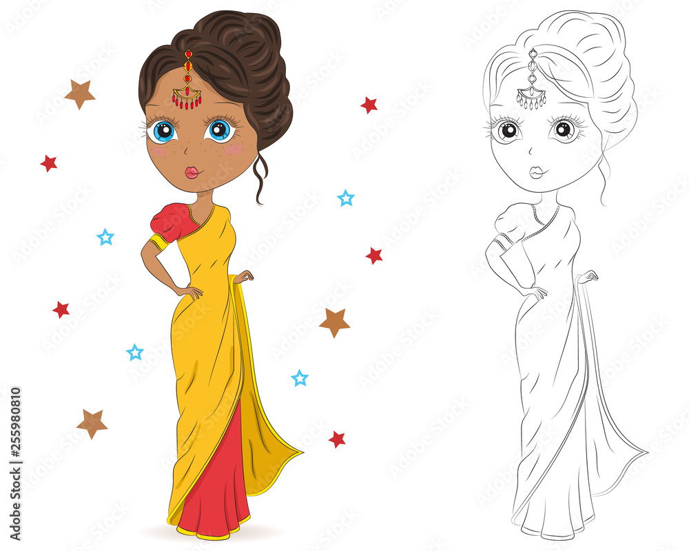 Set of hand drawn traditional Indian woman on white background ...