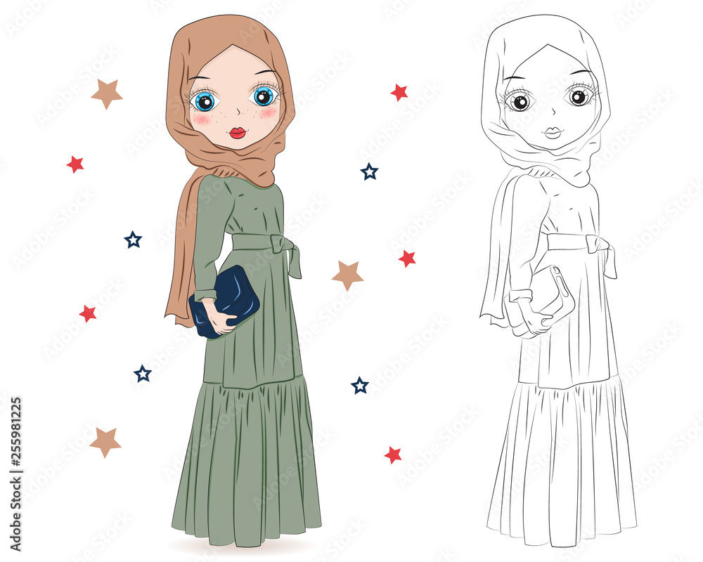 Set of hand drawn Arabic woman in hijab on white background. Cartoon ...