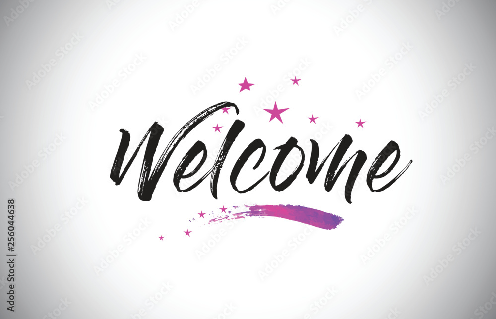 Welcome Handwritten Word Font with Vibrant Violet Purple Stars and ...