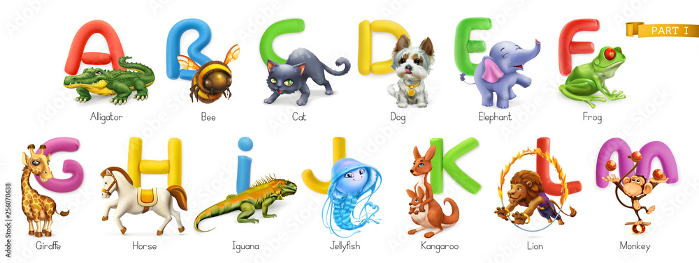 Zoo alphabet. Funny animals, 3d vector icons set. Letters A - M Part 1 ...