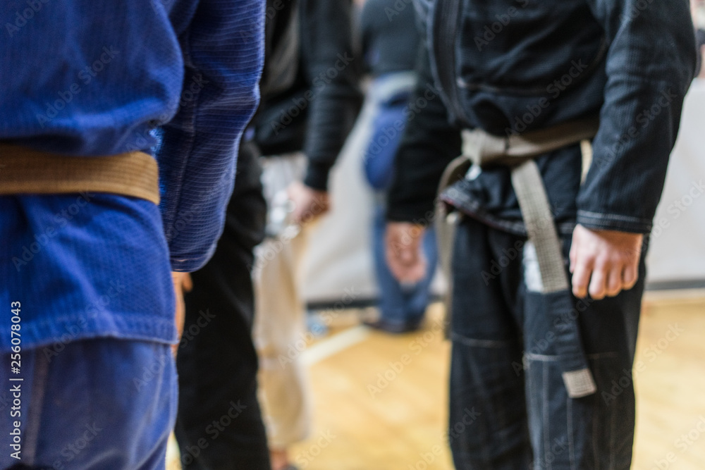 Midsection of BJJ brazilian Jiu Jitsu Fighters waiting to check weight ...