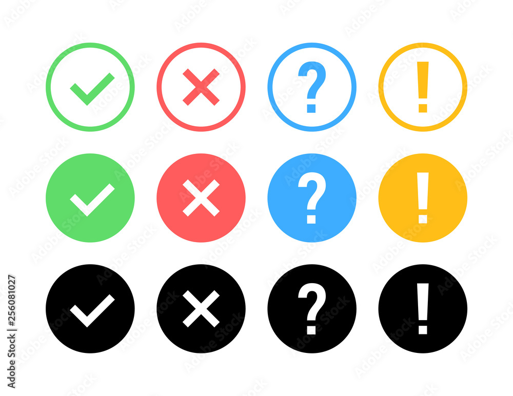 Praca wektorowa bez tantiem: Check mark icon set. Green OK or V tick, red X, exclamation mark ...
