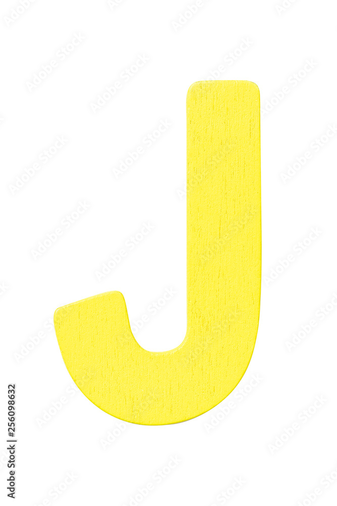 yellow wooden alphabet capital letter "J" isolated on white background ...
