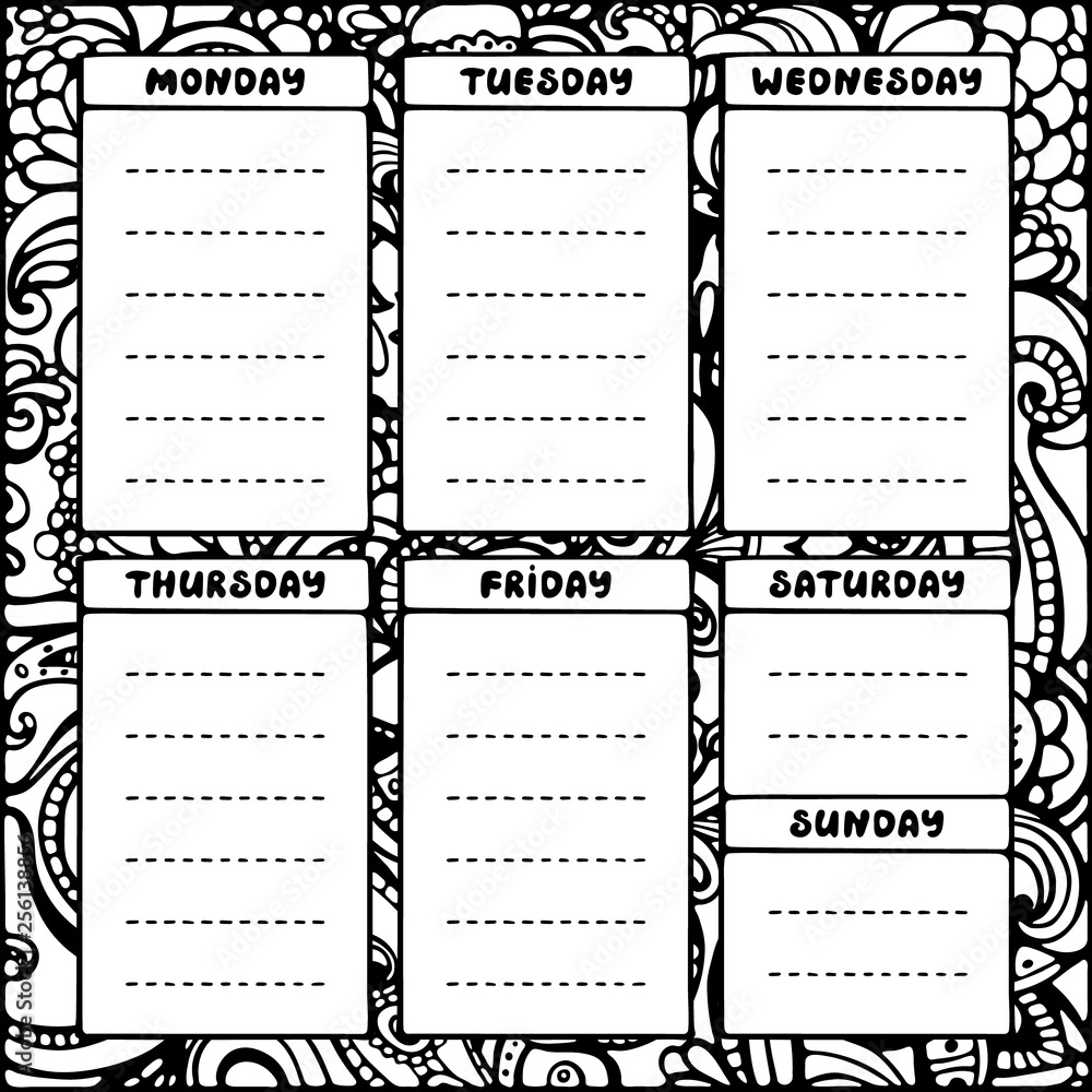 Hand drawing black and white weekly planner template. Cute doodle ...