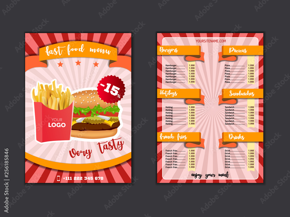 Fast food restaurant menu template. Lunch dishes and drinks list with ...