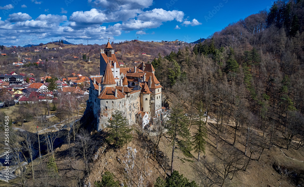 Photo Stock Aerial panorama view of the medieval Bran Castle, known for ...