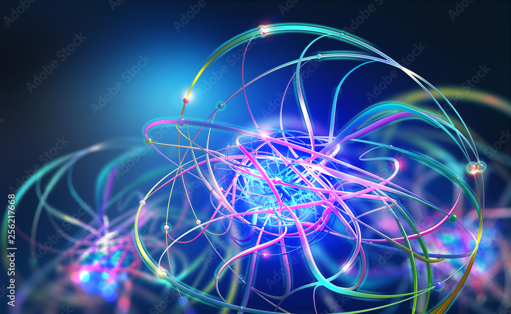 Artificial Intelligence. Big data core. Neon light pulses. Abstract ...