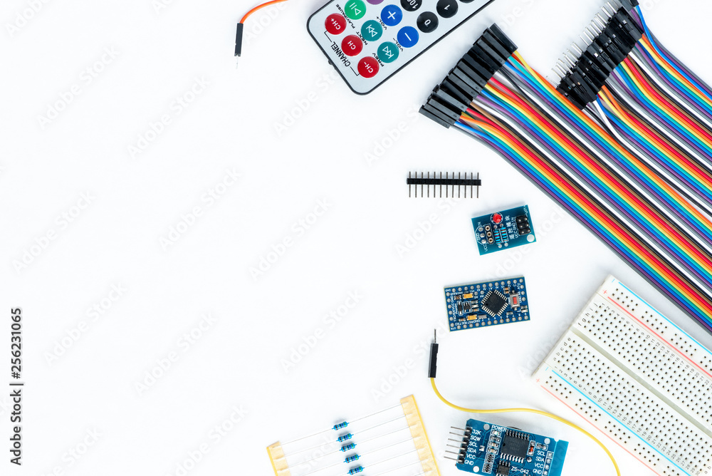 DIY arduino. Flat layout on white background, copy space. Electronic ...