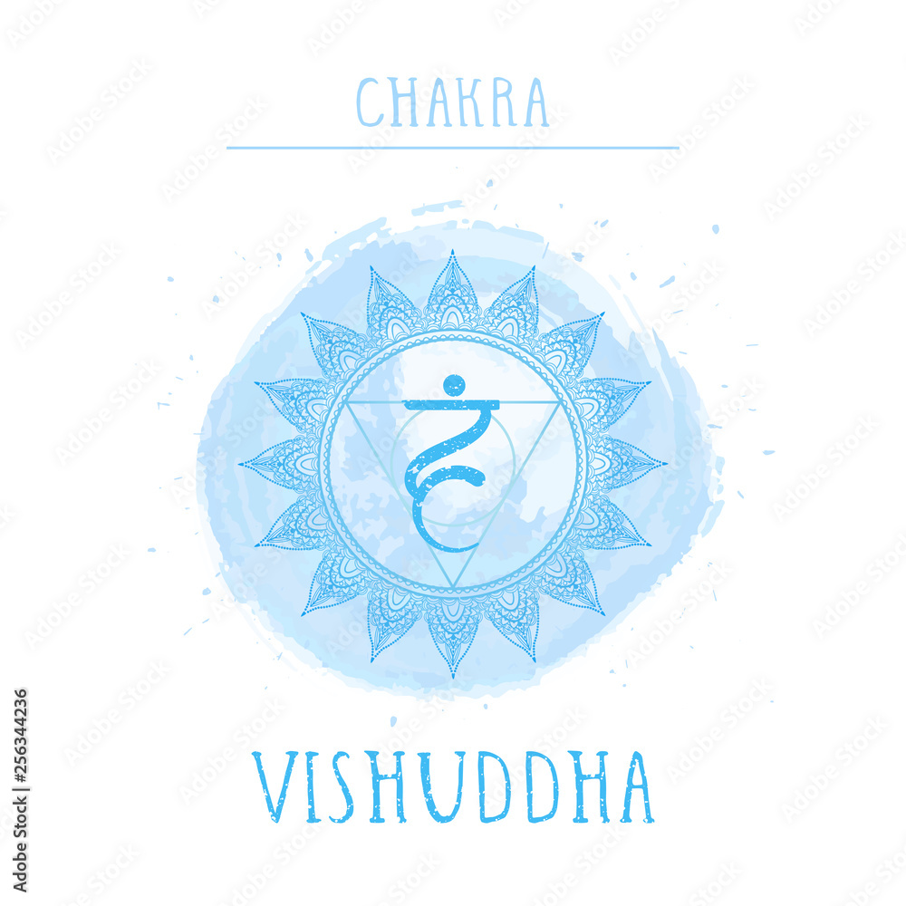 Vector illustration with symbol chakra Vishuddha and watercolor element ...
