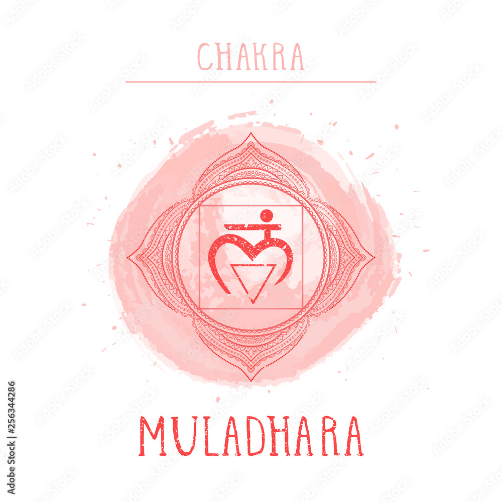 Vector illustration with symbol chakra Muladhara and watercolor element ...