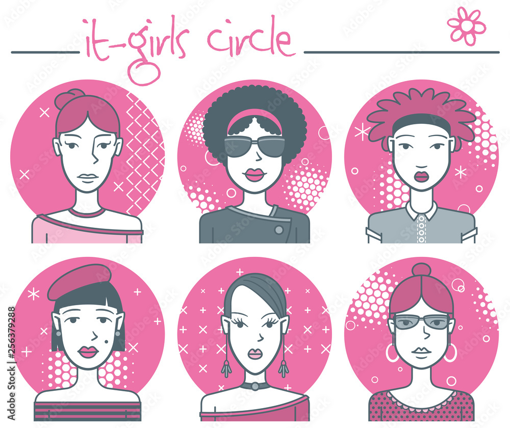 It-girls circle avatars. A set of avatars of chic young women. The ...