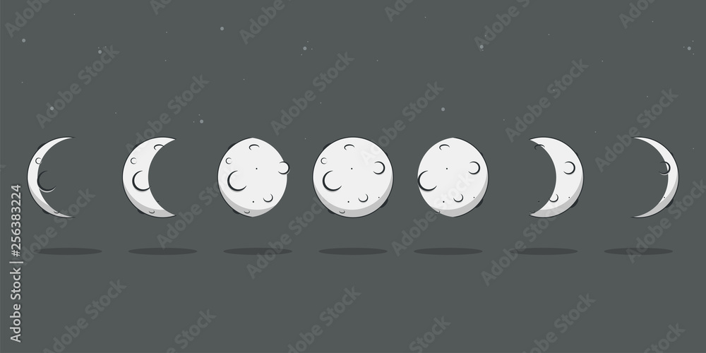 Moon phases vector cartoon flat lunar cycle icons isolated on a starry ...