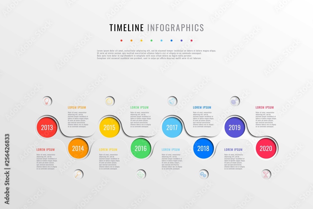 Horizontal Business Timeline With 8 Round Elements Year Indication And Text Boxes On White