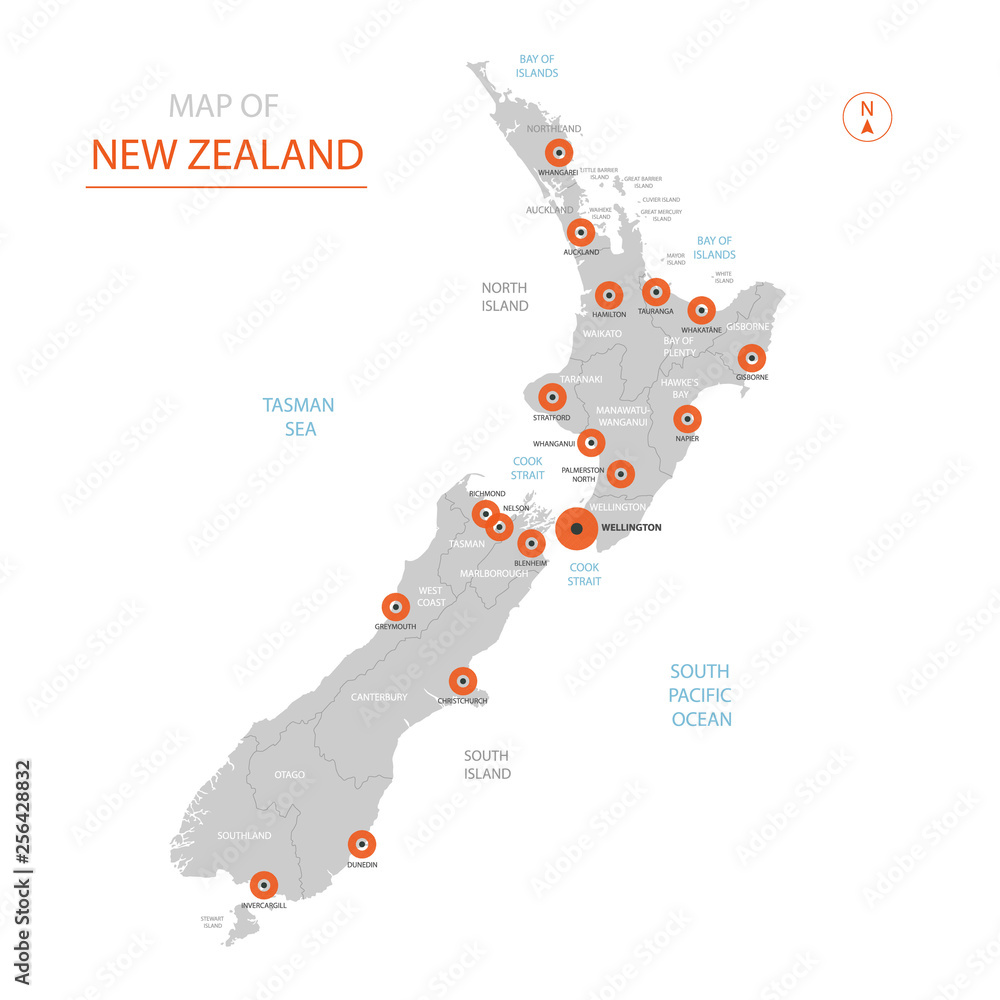 Stylized vector New Zealand map showing big cities, capital Wellington ...