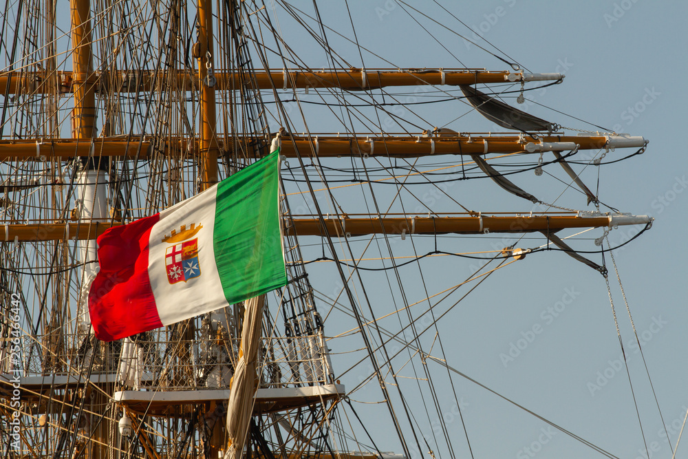 Italian flag at mast of the Italian ship Amerigo Vespucci Stock Photo ...