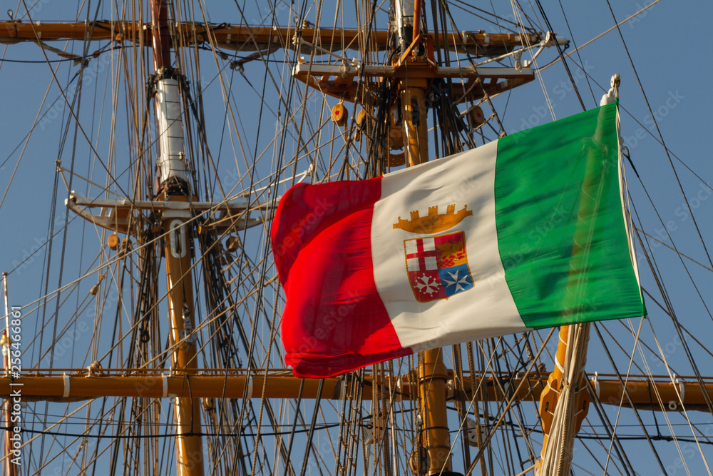 Italian flag at mast of the Italian ship Amerigo Vespucci Stock Photo ...
