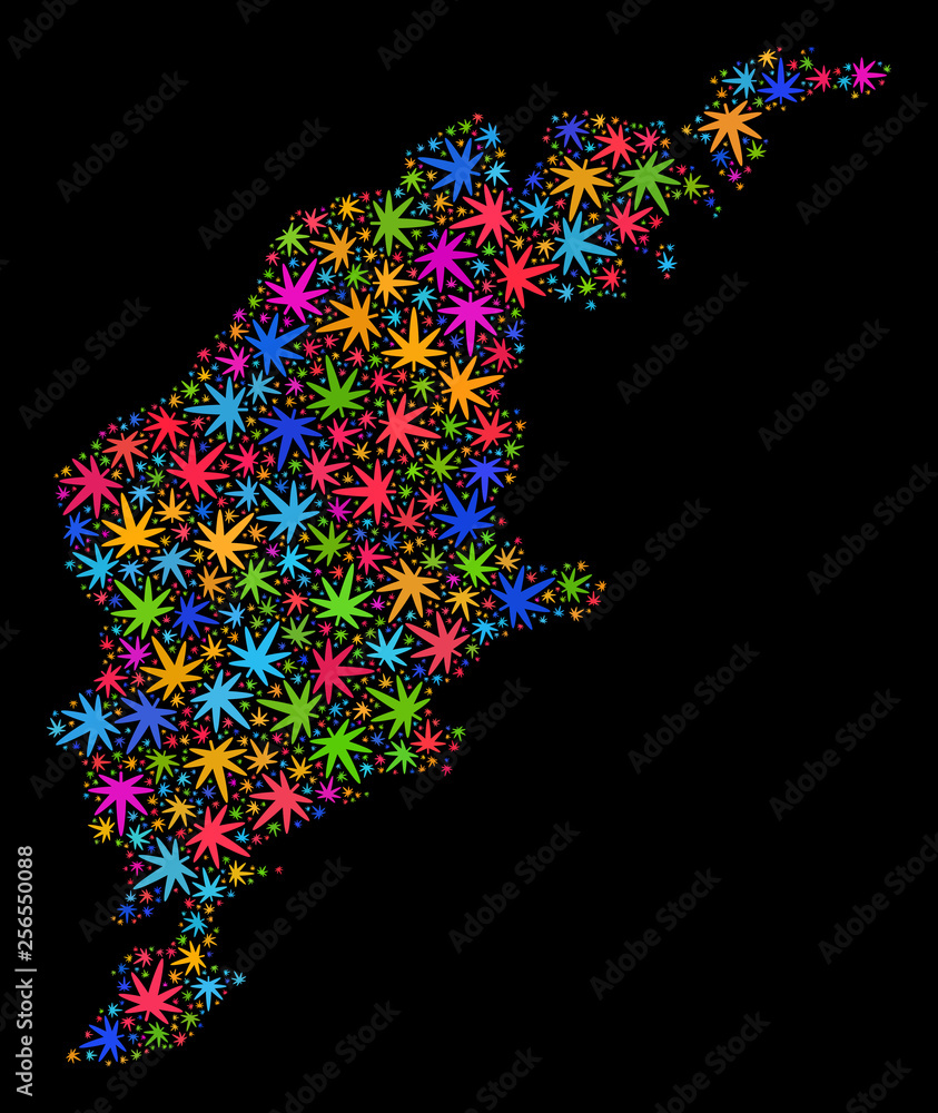 Bright vector cannabis Gotland Island map collage on a black background ...