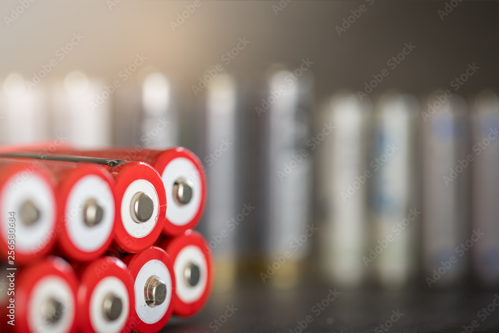 Rows of batteries Alkaline battery ,Close up of battery positive poles ...