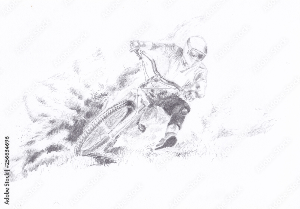 Pencil drawing of a downhill mountain biker Stock Illustration | Adobe ...