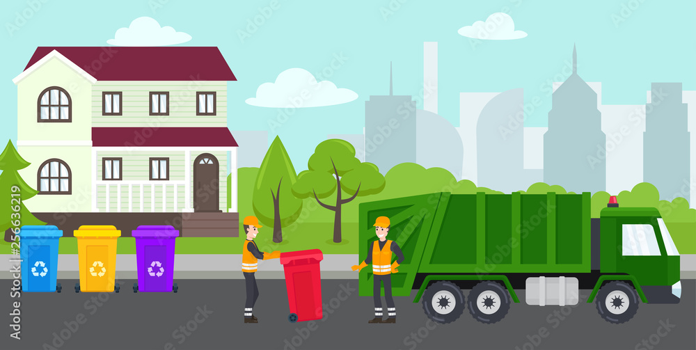Garbage removal by happy workers. Suburb landscape and containers with ...