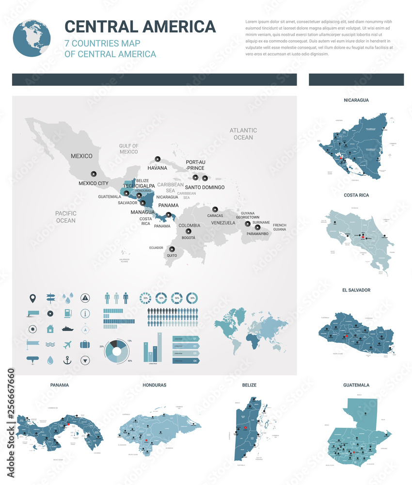 Vector maps set. High detailed 7 maps of countries in Central America ...