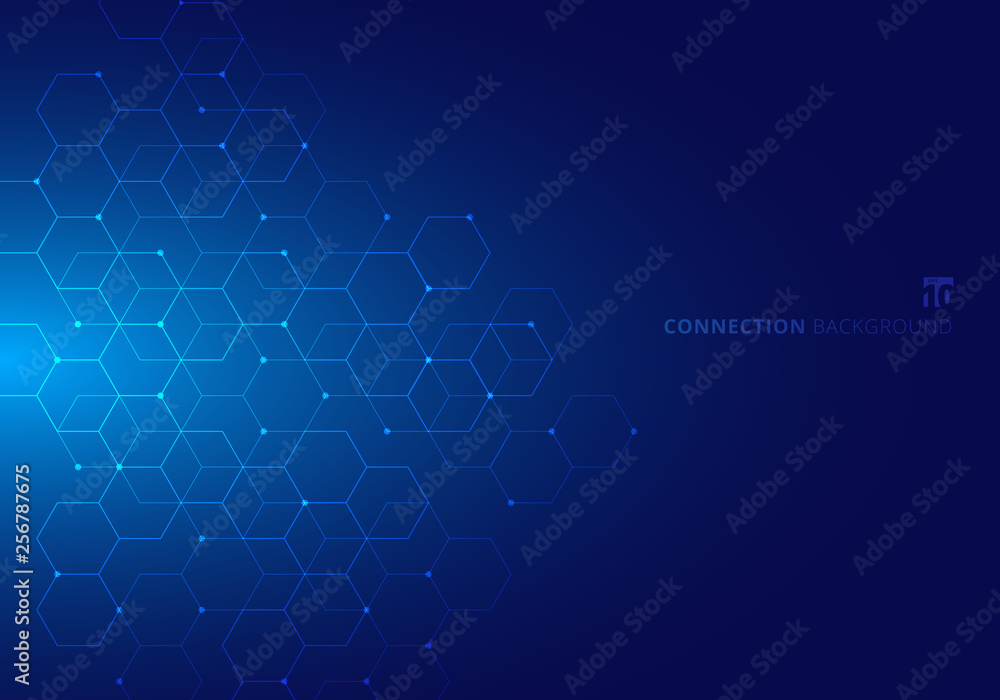 Abstract hexagons with nodes digital geometric with lines and dots on blue background ...