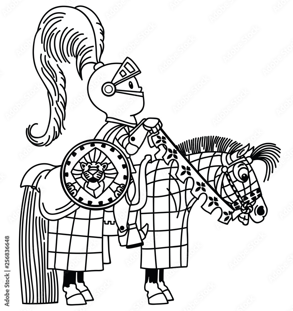 cartoon medieval knight horseman in armor . Little boy a horse rider ...