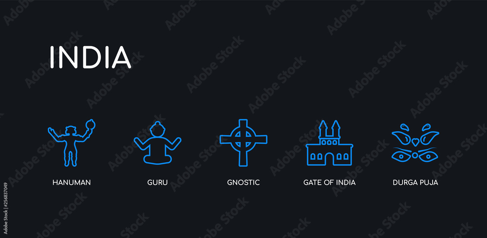 5 outline stroke blue durga puja, gate of india, gnostic, guru, hanuman icons from india ...