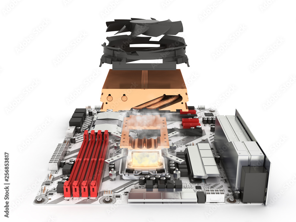 Simulation of CPU overheating Motherboard complete with processor and ...
