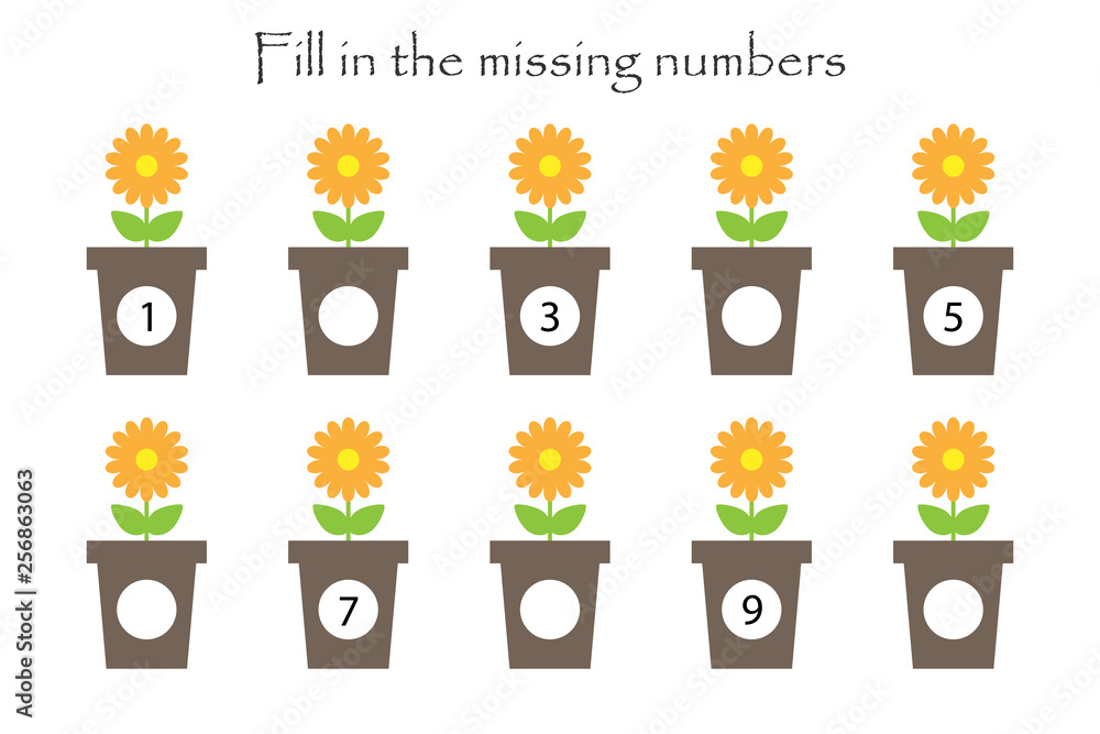 Game with flowers in pots for children, fill in the missing numbers ...
