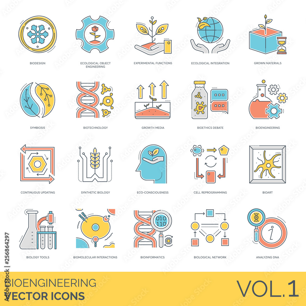 Bioengineering icons including biodesign, ecological object engineering ...