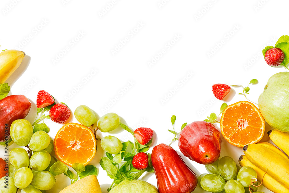 Beautiful colorful tropical fruits border isolated on white background ...