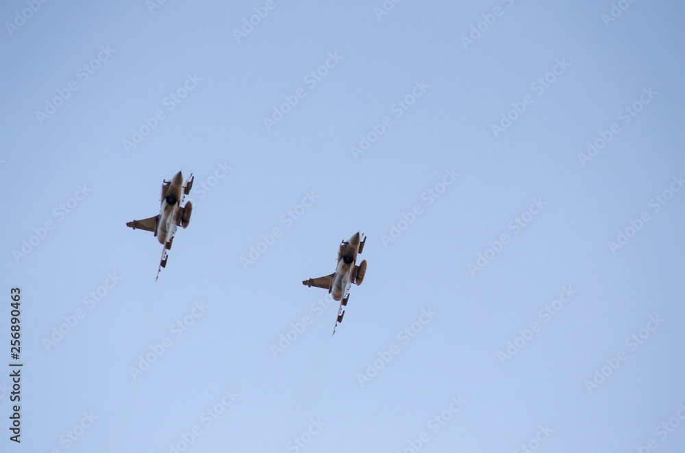 couple of delta wing fighters planes front view extended fuel tank ...