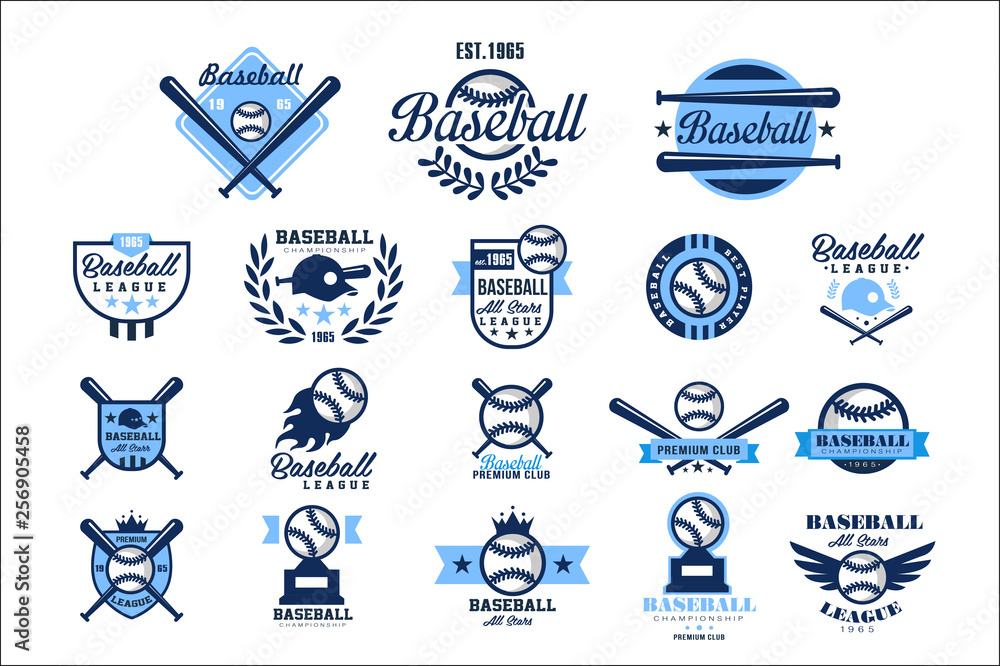 Set of American baseball logo. Original blue labels with balls, crossed ...