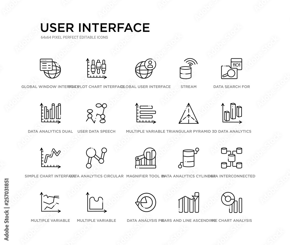 set of 20 line icons such as magnifier tool in vertical position interface, data analytics ...