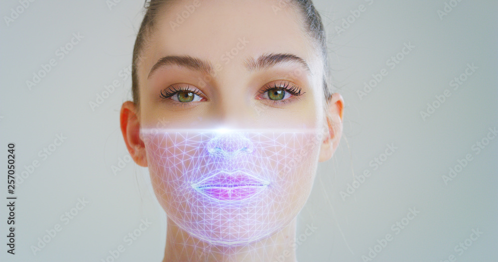 Futuristic and technological scanning of the face of a beautiful woman ...
