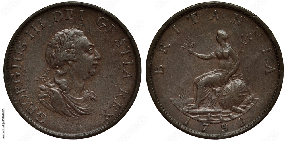 Great Britain British copper coin 1/2 halfpenny 1799, laureate head of ...