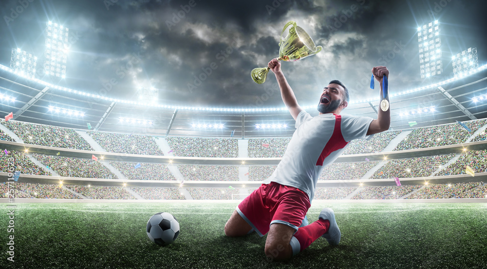 Soccer. Professional soccer player celebrates winning of soccer match ...