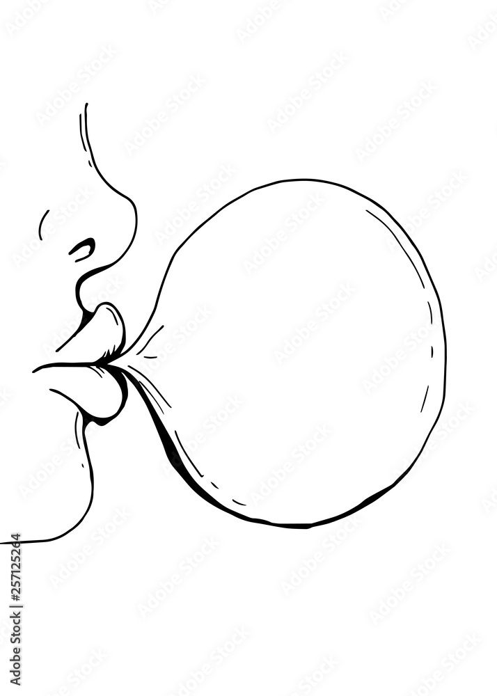 Hand drawing doodle face profile. The girl inflates a ball of chewing ...