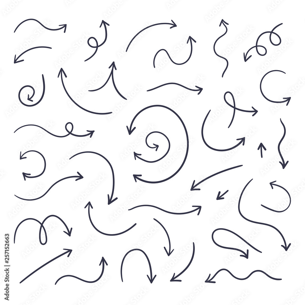 Doodle arrows. Hand drawn line pointers, pencil sketch elements, round ...