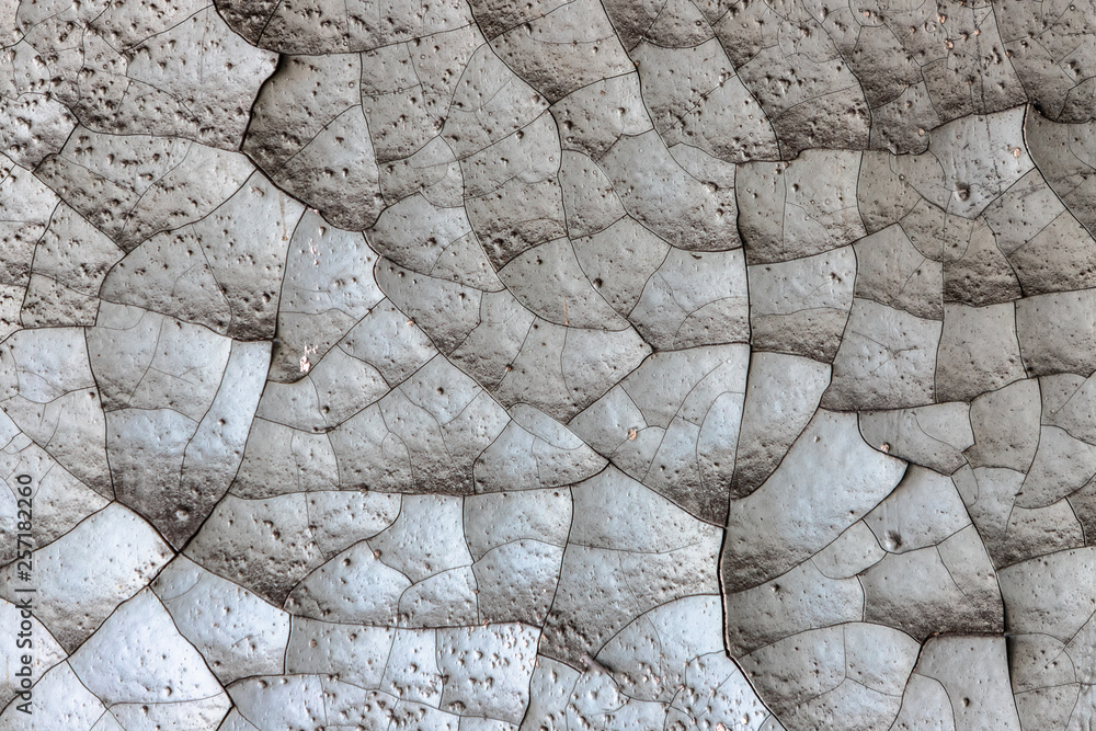 Thick layers of paint that are cracked, swollen and covered with a ...