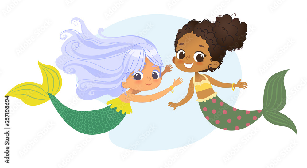 Vetor Mermaid African Caucasian Character Friend Nymph. Young ...