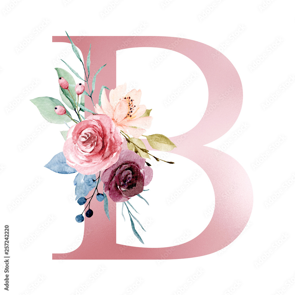 Floral alphabet, letter B with watercolor flowers and leaf. Monogram ...
