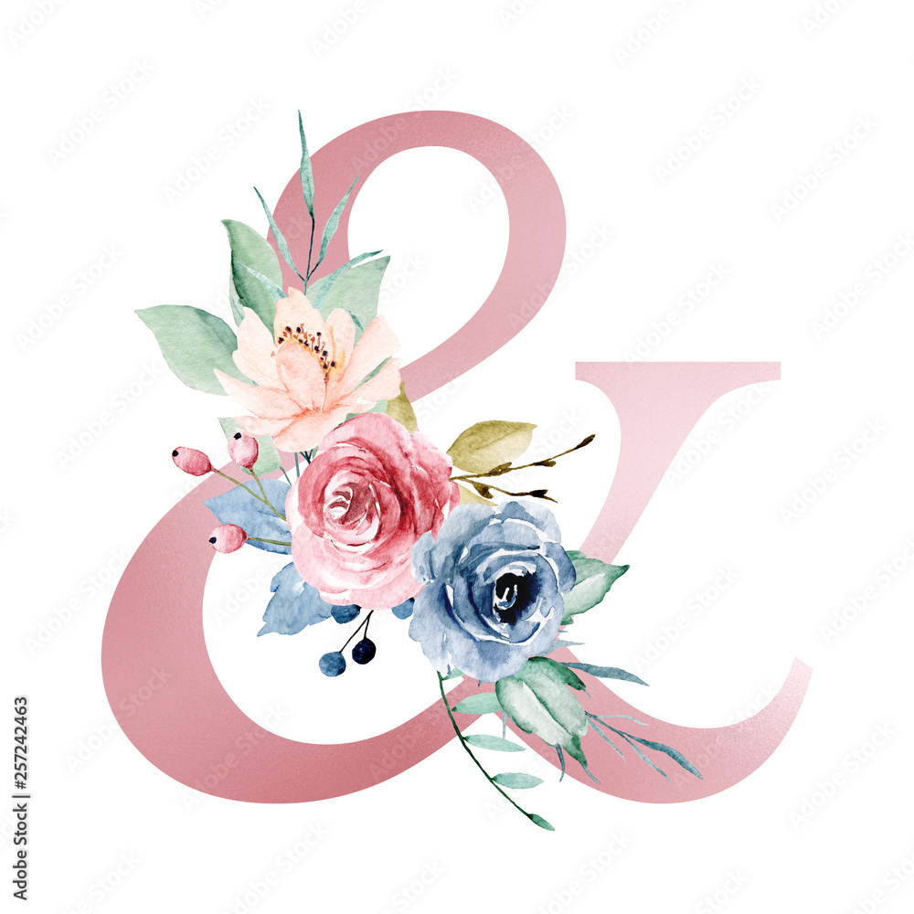 Floral alphabet, letter & with watercolor flowers and leaf. Monogram ...
