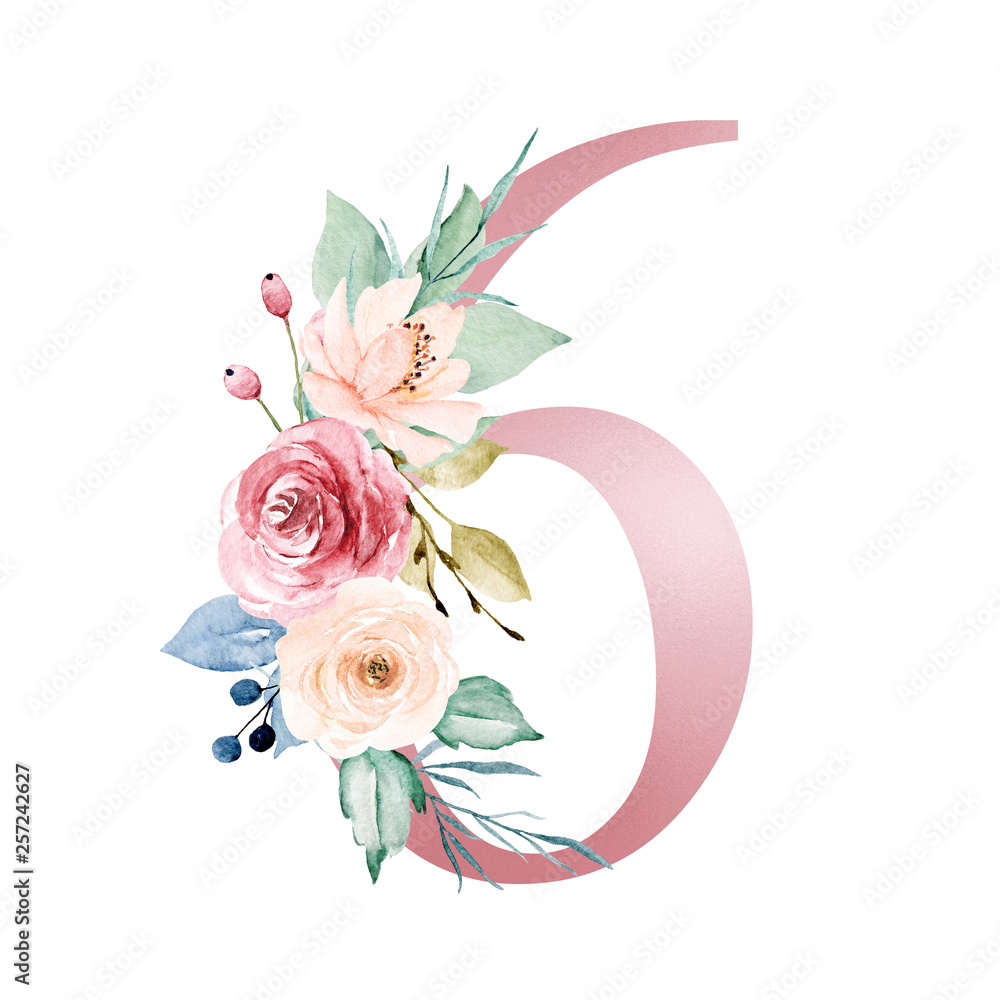 Number six with watercolor flowers roses and leaf. Perfectly for ...