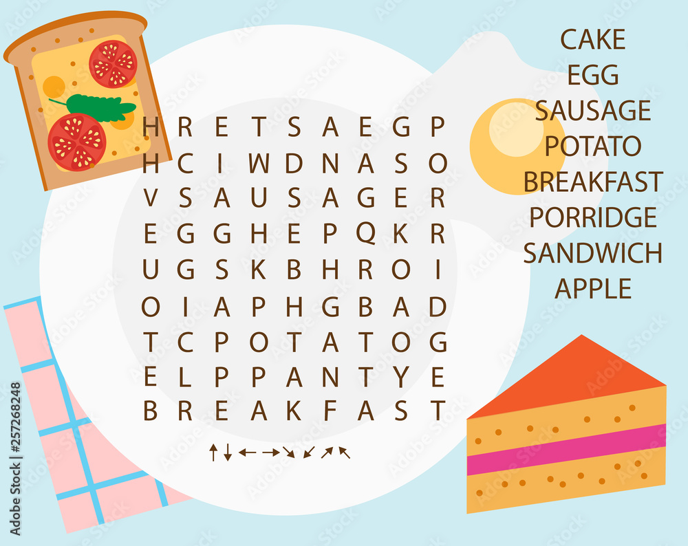 Educational game for children. Word search puzzle kids activity. Food ...