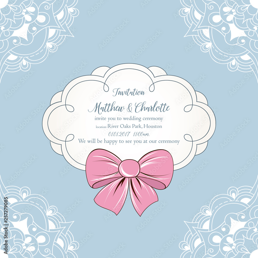 Cute wedding invitation with floral curls, a bow in vintage style ...