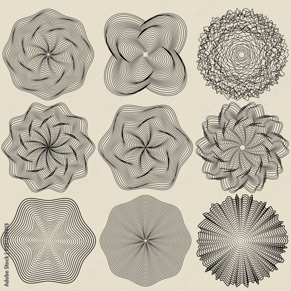 Set of elements for design. Round rosettes, spirals, vortex and ...