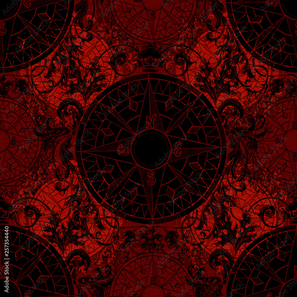 Seamless gothic pattern with baroque victorian compass, black ...