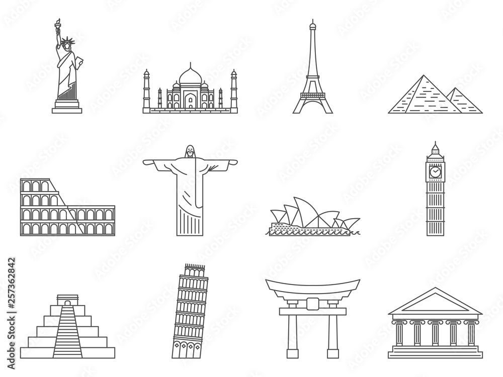 Landmark Icons set. Liberty statue, Pisa, Eiffel tower, Big Ben, Taj ...